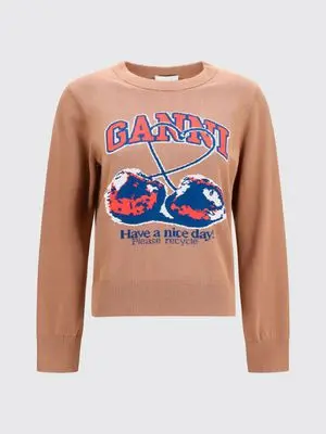 GANNI Contrast Jacquard Logo Cotton Crewneck Jumper - Camel