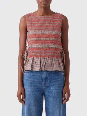 GANNI Sleeveless Striped Cotton Top With Tie Detail - Coffee