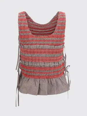 GANNI Sleeveless Striped Cotton Top With Tie Detail - Coffee