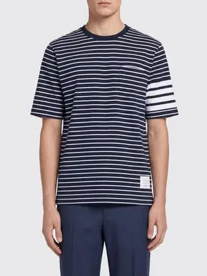 Thom Browne Striped Cotton T-shirt With Pocket And 4-bar Stripes - Navy