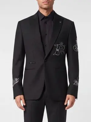 Philipp Plein Single-breasted Wool-blend Blazer With Peak Lapels And Logo Patch - Black
