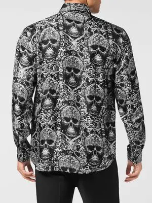 Philipp Plein Slim Fit Silk Shirt With All-over Graphic Skull Print