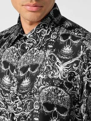 Philipp Plein Slim Fit Silk Shirt With All-over Graphic Skull Print