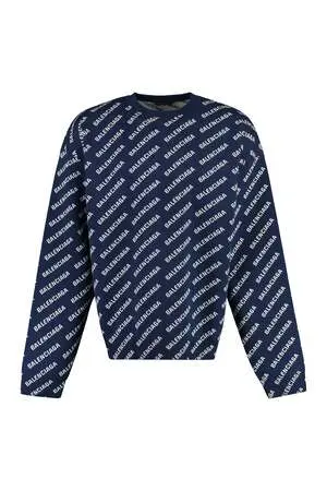 Balenciaga Allover Logo Cotton Crewneck Sweater - Blue