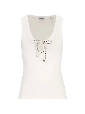 Burberry Ribbed Knit Scoop Neck Top With Front Tie Detail - Bianco