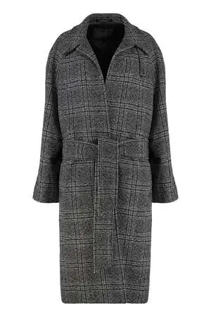 Balenciaga Belted Wool Check Long Coat