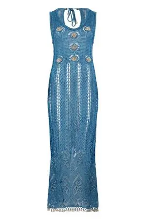 Rabanne Sleeveless Embellished Crochet Midi Dress - Light Blue