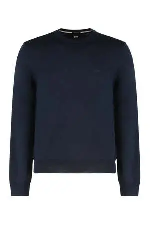 BOSS Classic Virgin Wool Sweater With Embroidery - Blue