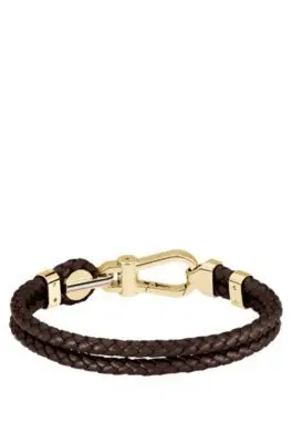 BOSS Brown Braided-leather Cuff With Gold-tone Carabiner Closure