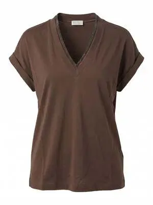 Brunello Cucinelli Brunello Cucinelli Cotton T-Shirt With Embellished V-Neck Multicolor