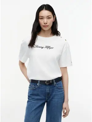 Tommy Hilfiger Script Logo Cotton Interlock T-shirt - Ecru