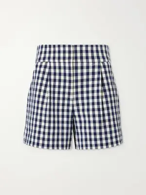 Veronica Beard Pleated Checked Stretch-cotton Cloqué Shorts - Blue