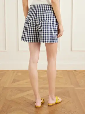 Veronica Beard Haina Pleated Gingham Stretch-cotton Cloqué Shorts - Blue