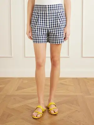 Veronica Beard Haina Pleated Gingham Stretch-cotton Cloqué Shorts - Blue