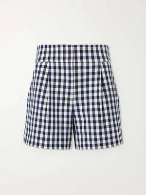 Veronica Beard Haina Pleated Checked Stretch-cotton Cloqué Shorts