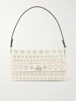 Tory Burch TORY BURCH Charlie Embellished Embroidered Canvas Shoulder Bag Neutrals