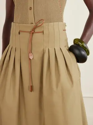 Max Mara Belted Pleated Cotton Midi Skirt - Brown