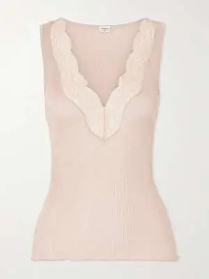 SAINT LAURENT Lace-trimmed Ribbed Silk-jersey Tank - Neutral