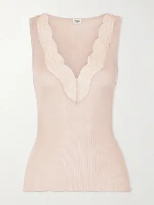 Saint Laurent Lace-trimmed Ribbed Silk-jersey Tank - Neutrals