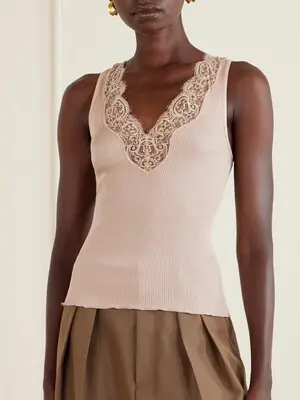 Saint Laurent Lace-trimmed Ribbed Silk-jersey Tank
