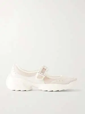 ROGER VIVIER Viv On The Run Embellished Leather-trimmed Mesh Mary Jane Sneakers - Neutral