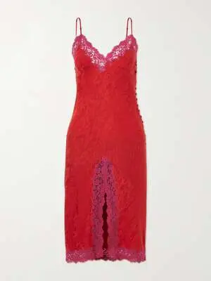 Saint Laurent Lace-trimmed Silk-satin Midi Dress - Red