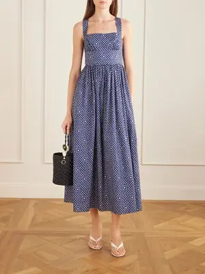 Matteau Gathered Printed Organic Cotton Midi Dress - Blue