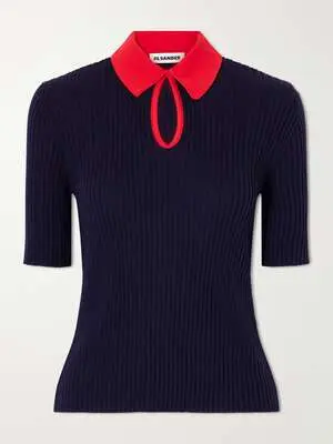 JIL SANDER Two-tone Ribbed Wool Polo Shirt - Navy