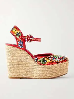 Dolce & Gabbana Printed Leather-trimmed Canvas Wedge Sandals