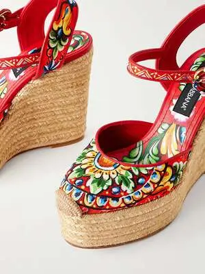 Dolce & Gabbana Printed Leather-trimmed Canvas Wedge Sandals