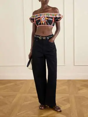 Dolce & Gabbana Carretto Off-the-shoulder Cropped Printed Cotton-poplin Top