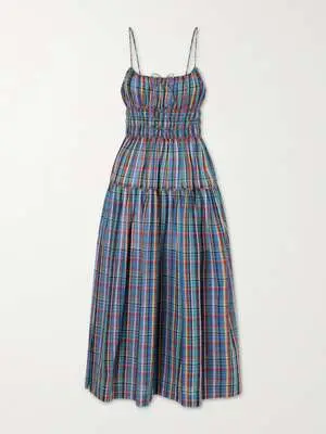 DÔEN Brielle Gathered Checked Organic Cotton Midi Dress - Blue