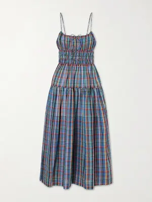 DÔEN Brielle Gathered Checked Organic Cotton Midi Dress - Blue