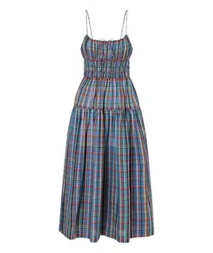 DÔEN Brielle Gathered Checked Organic Cotton Midi Dress - Blue