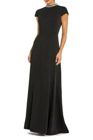 Mac Duggal Cap Sleeve Gown With Embellished Mock Neckline - Black