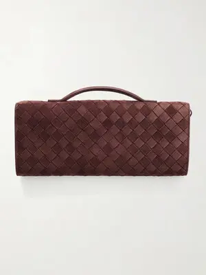 Bottega Veneta Andiamo Long Intrecciato Suede Clutch With Gold Tone Knot Toggle - Brown