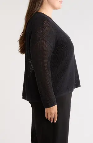 Eileen Fisher V-neck Open Knit Sweater - Black