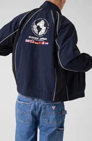 Guess Nylon Track Jacket With Contrast Piping And Logo Detailing - Blue