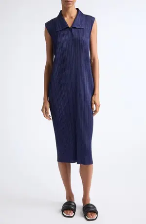 Issey Miyake Sleeveless Pleated Midi Polo Dress - Navy