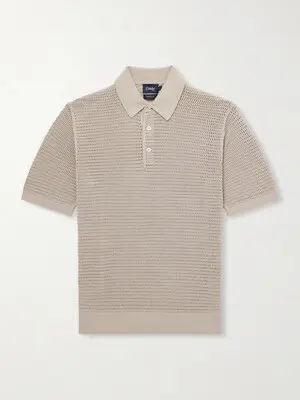 DRAKE'S Mesh-knit Cotton Polo Shirt - Neutrals