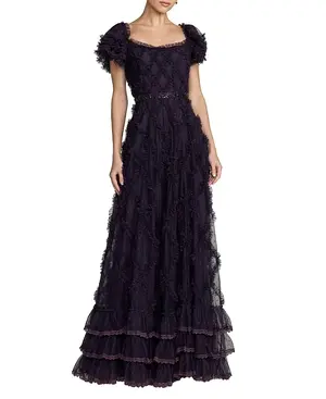 Mac Duggal Mesh Short Sleeve Scoop Neck Ruffle A Line Dress - Midnight