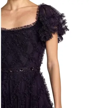 Mac Duggal Mesh Short Sleeve Scoop Neck Ruffle Gown