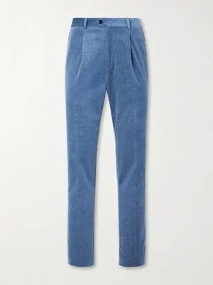 Brunello Cucinelli Straight-leg Pleated Cotton-velvet Suit Trousers - Blue