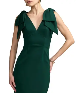 Mac Duggal Petite Bow Strap Crepe Fitted Midi Dress - Emerald