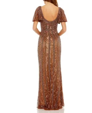 Mac Duggal Scoop Neck Flutter Sleeve Embellished Gown