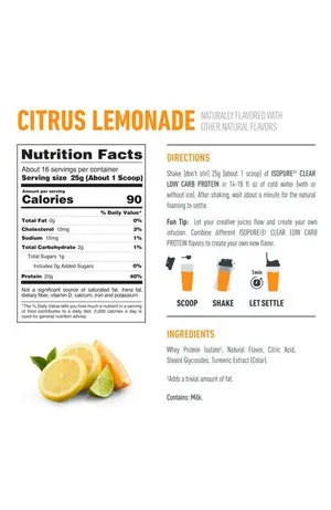 ISOPURE Clear Low Carb 100% Whey Protein Isolate Powder, Citrus Lemonade, 20g Protein
