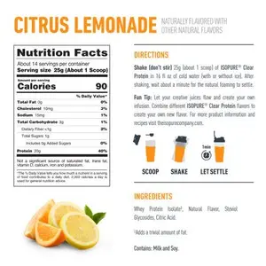ISOPURE Clear Low Carb 100% Whey Protein Isolate Powder, Citrus Lemonade, 20g Protein