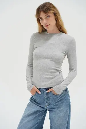 Lna Dalston Ribbed Long Sleeve Crewneck Top - Heather Grey