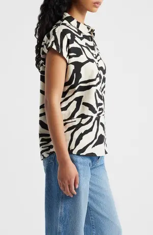 ICHI Animal Print Linen Blend Top