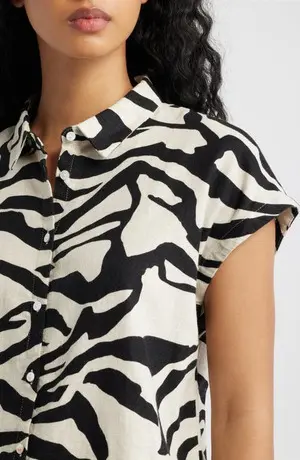 ICHI Animal Print Linen Blend Top